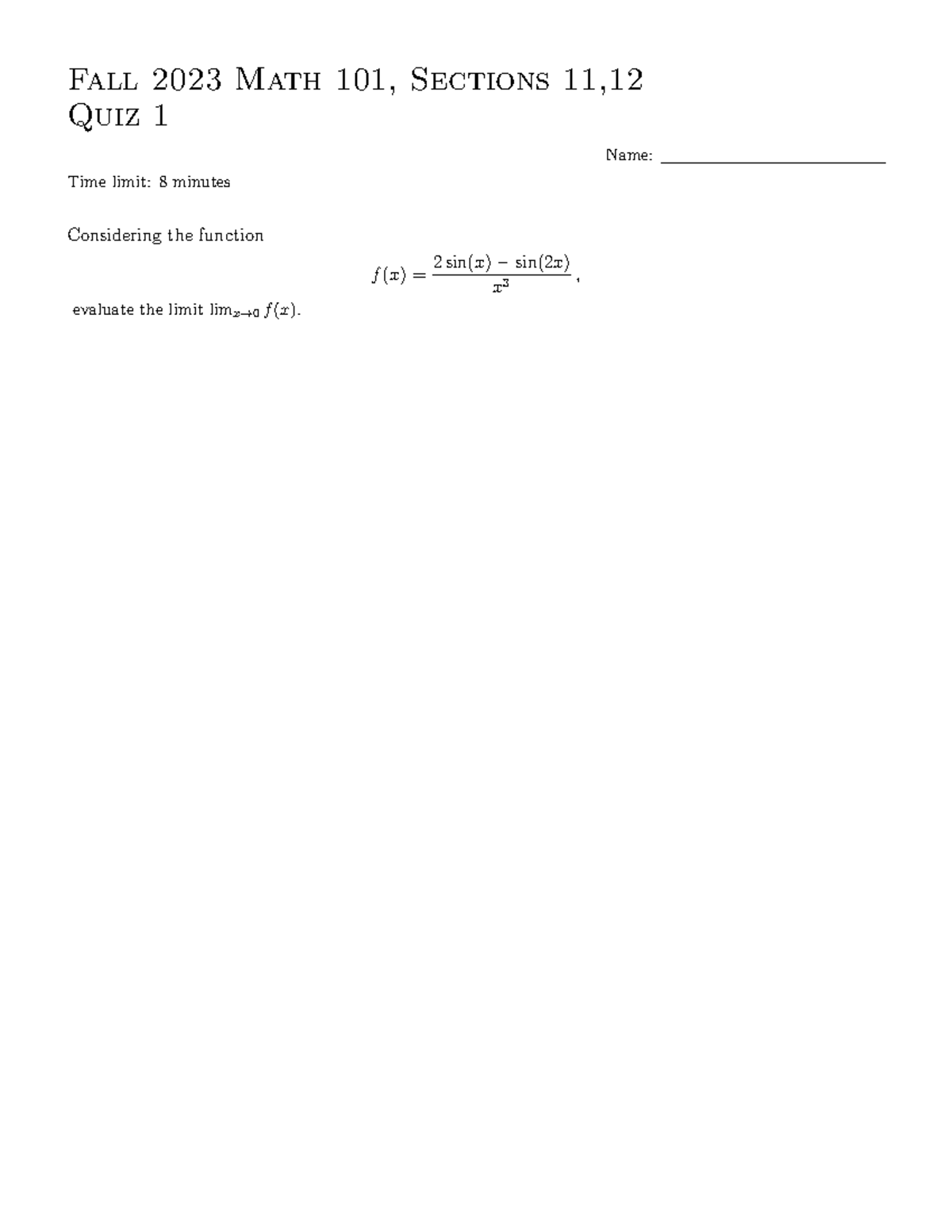 MATH 101 F23 Sec 11 12 Quiz 1 - Introduction to Calculus - Fall 2023 ...
