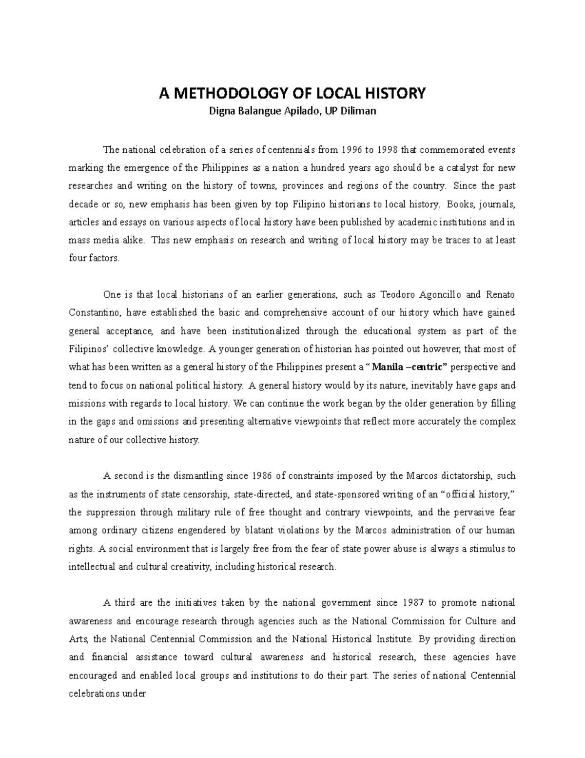 Local History - A METHODOLOGY OF LOCAL HISTORY Digna Balangue Apilado ...