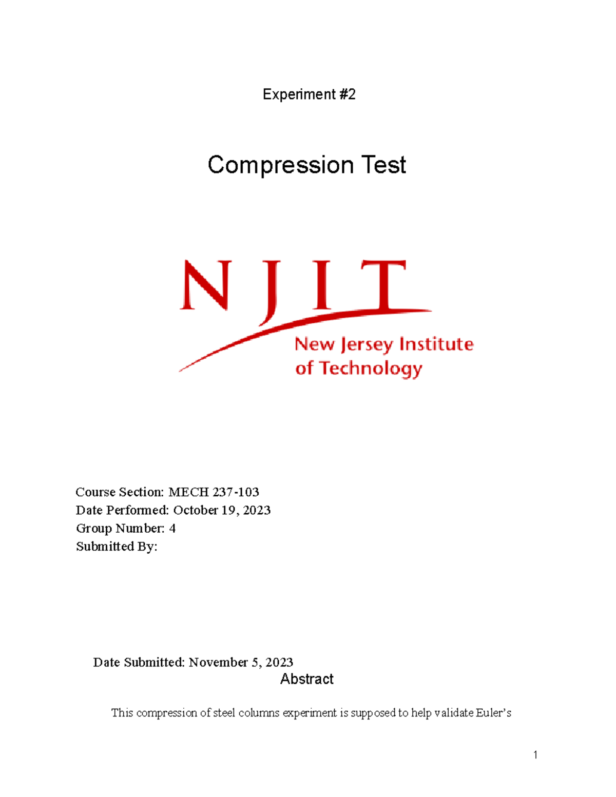 MECH 237 - Exp 2 Lab Report - Experiment Compression Test Course ...