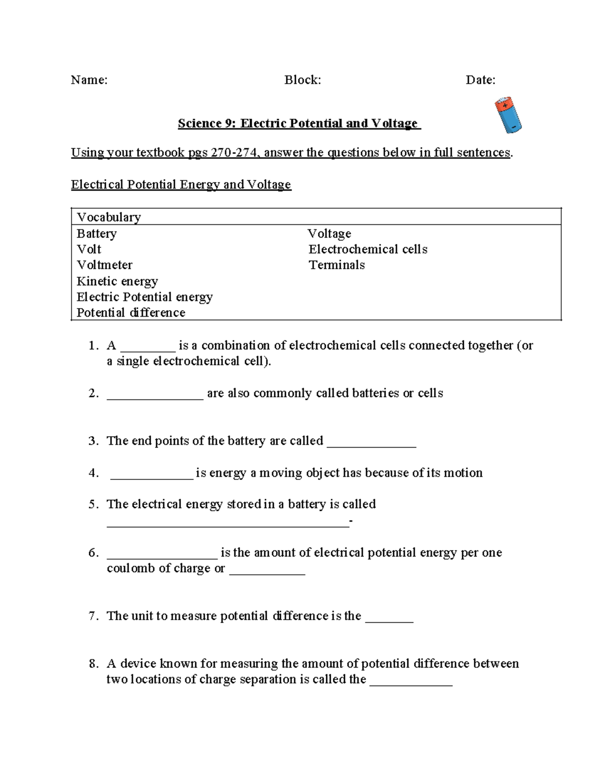 Electric Potential and Voltage Worksheet - Name: Block: Date: Science 9 ...