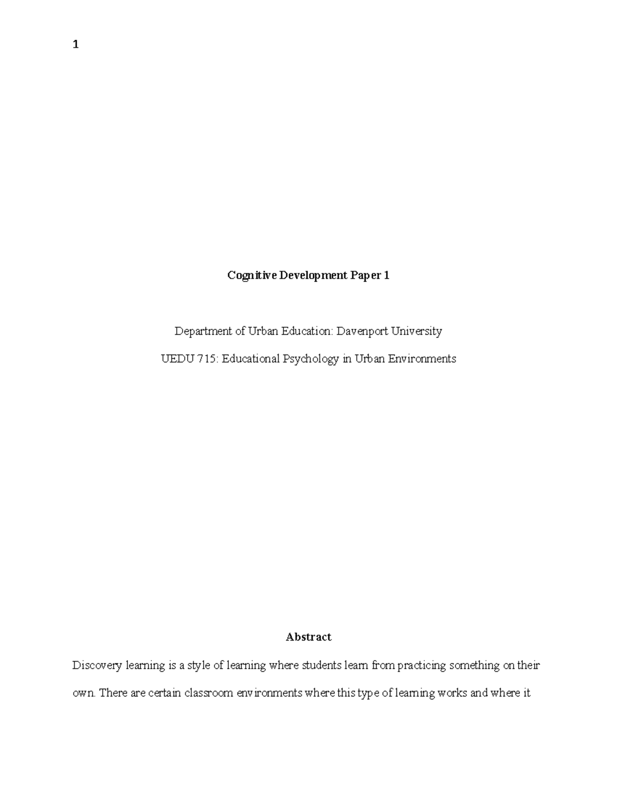 Cognitive Development Paper 1 - There are certain classroom ...