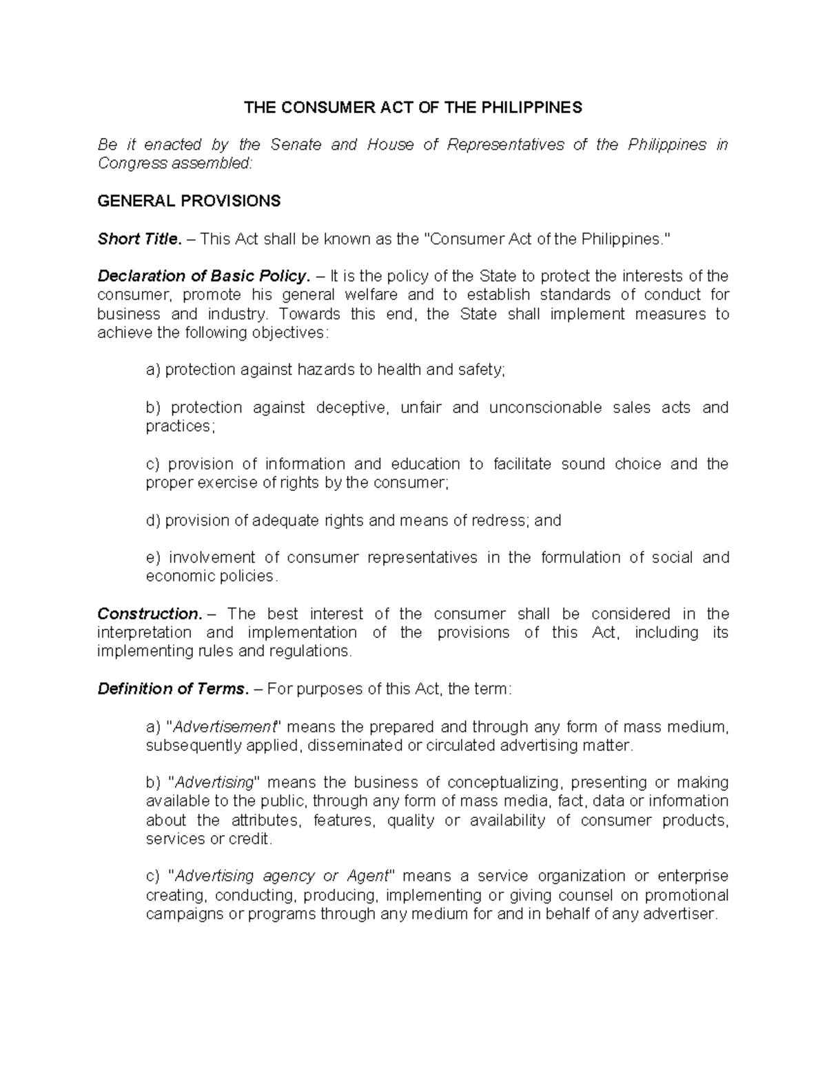 THE Consumer ACT OF THE Philippine 2 - THE CONSUMER ACT OF THE ...