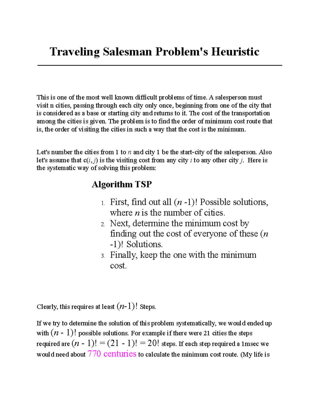 Traveling Salesman Problem definition - Traveling Salesman Problem's Heuristic This is one of ...