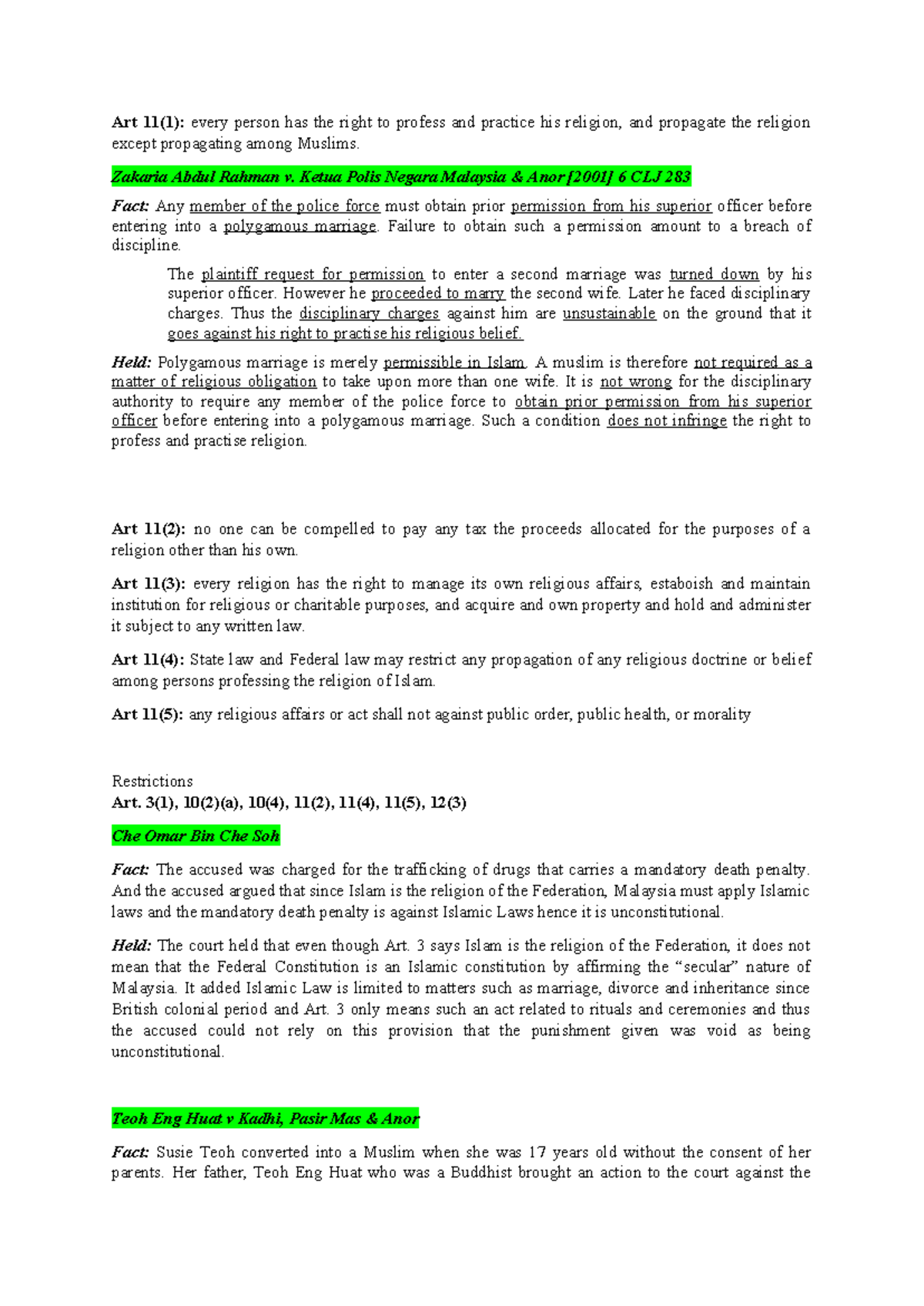 Article 11 of FC - Art 11(1): every person has the right to profess and ...