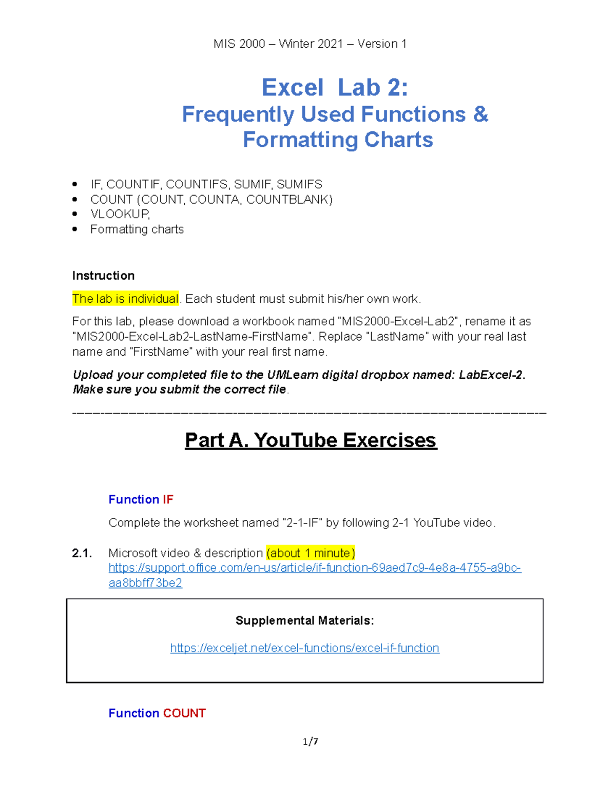 Excel Lab2 Instruction - Excel Lab 2: Frequently Used Functions ...