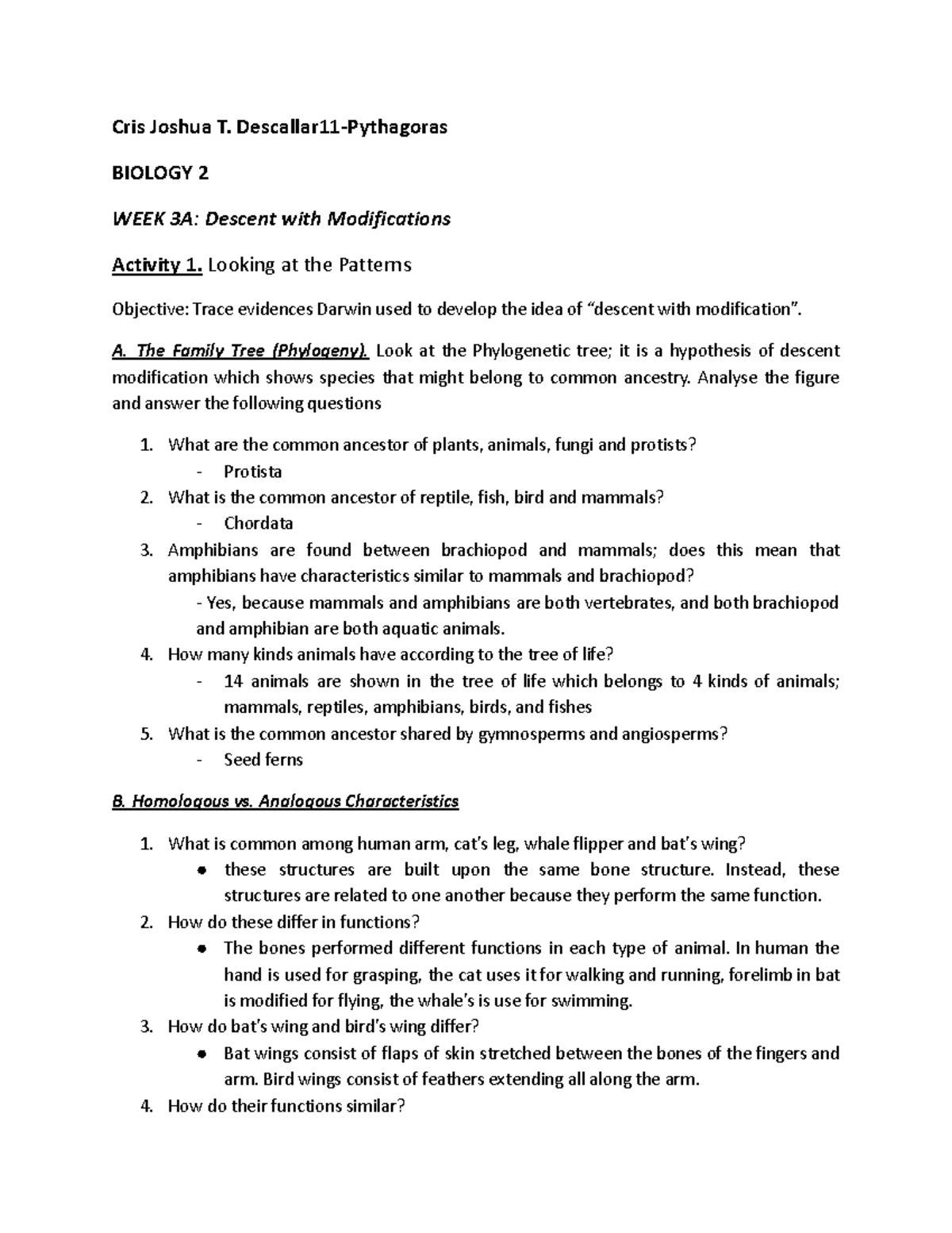 Biology 2- Descallar-WEEK 3 - Cris Joshua T. Descallar11-Pythagoras ...