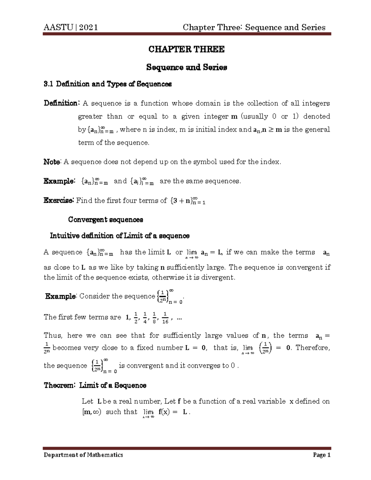Aastu Chapter Three Sequence and Series - CHAPTER THREE Sequence and ...
