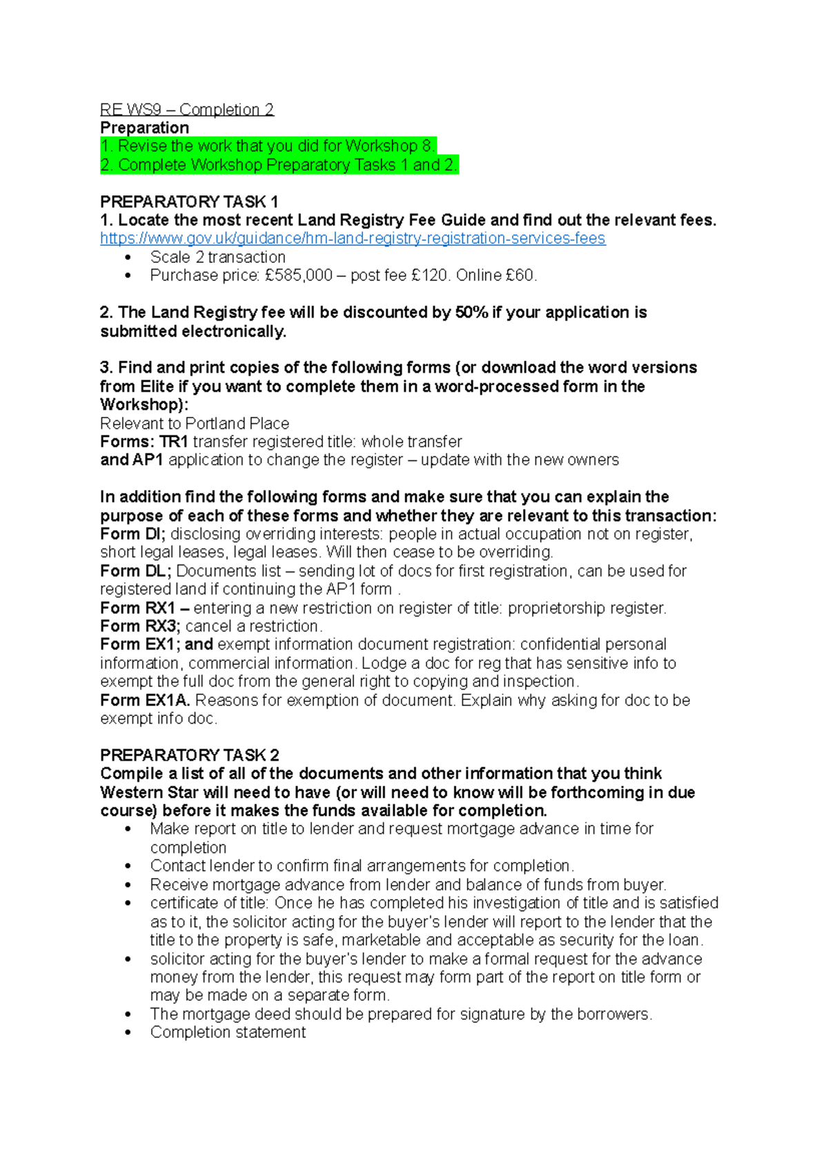 RE WS9 notes - RE WS9 – Completion 2 Preparation Revise the work that ...