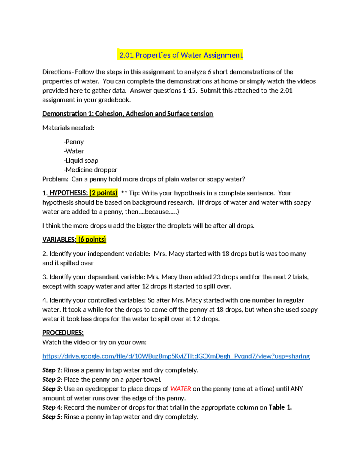 Copy of 201 Properties of Water Assignment - 2 Properties of Water ...