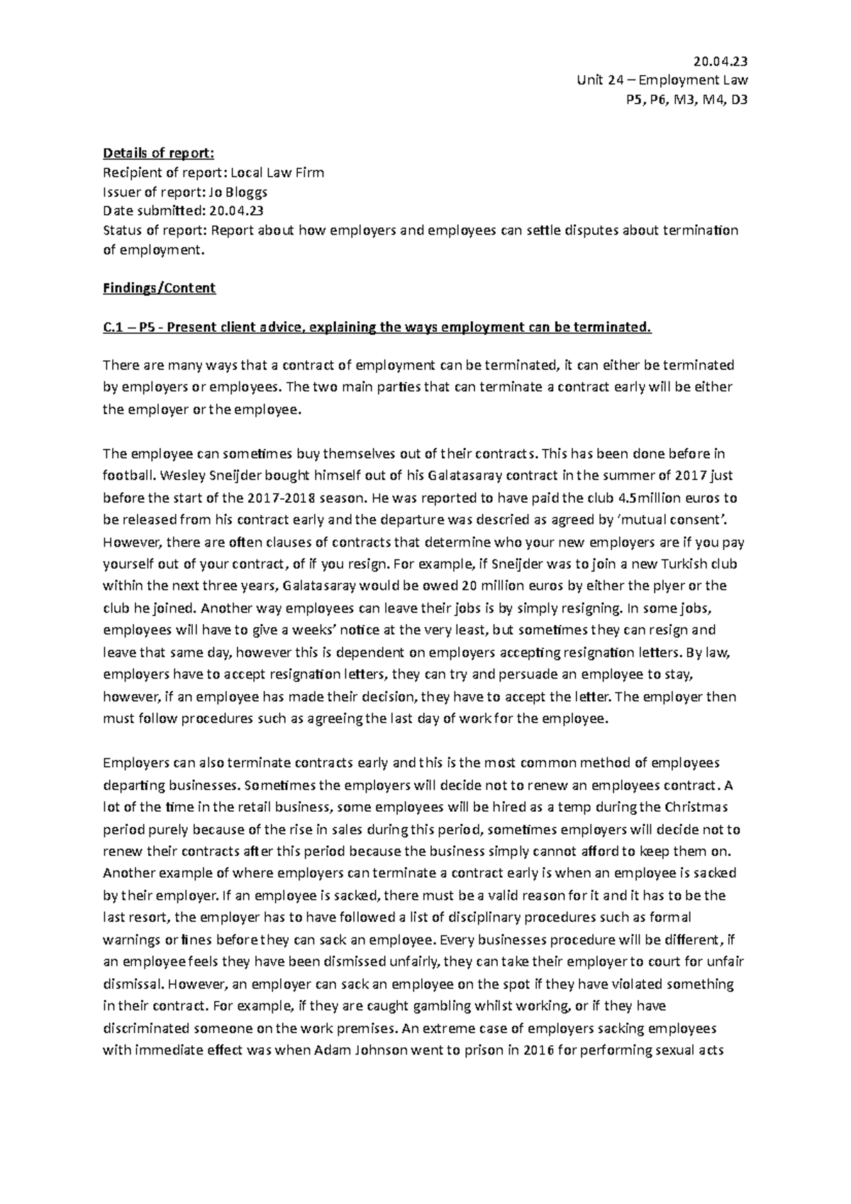 Example of Assignment 2 - Unit 24 – Employment Law P5, P6, M3, M4, D ...