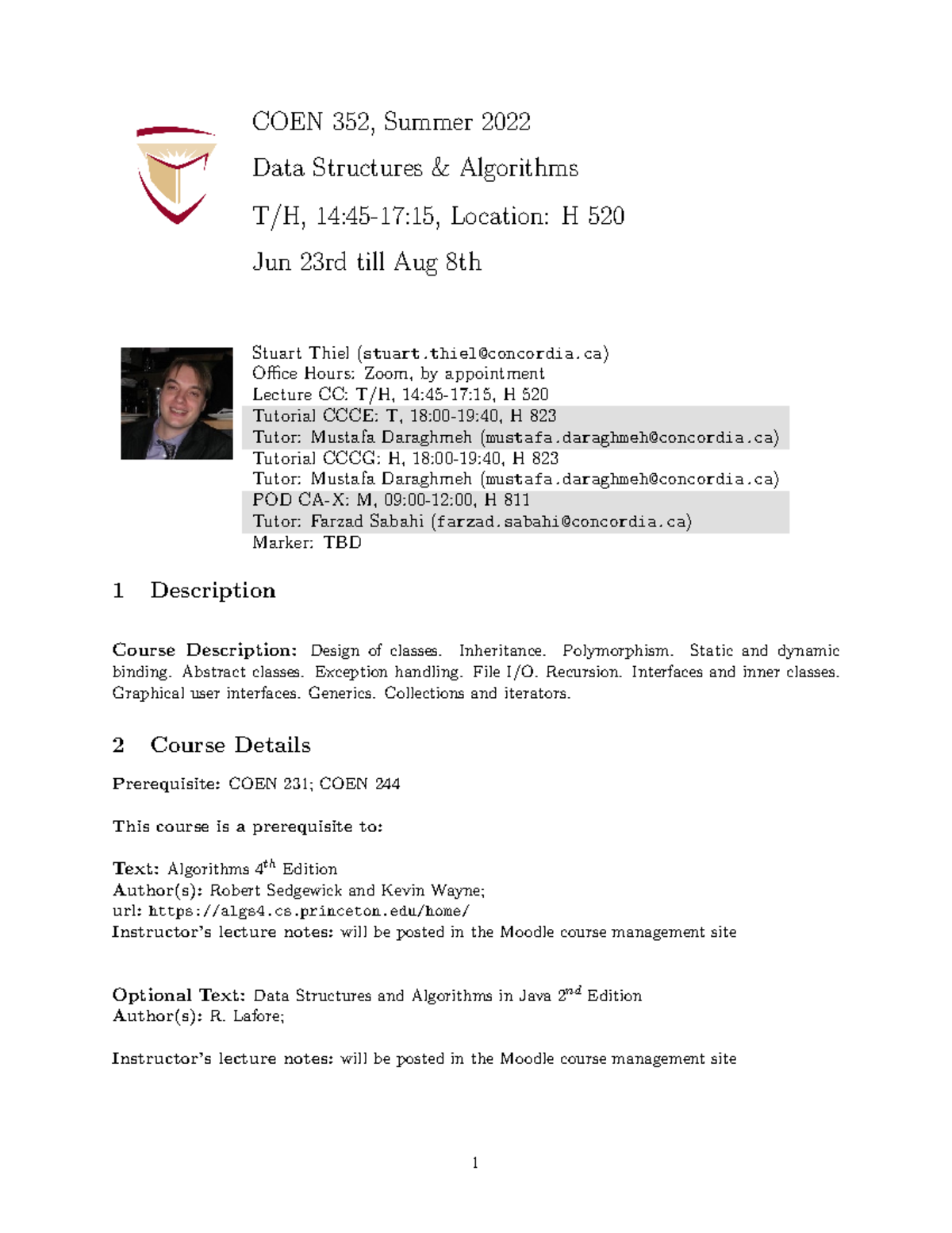 Outline COEN352 - COEN 352, Summer 2022 Data Structures & Algorithms T/H, 14:45-17:15, Location ...