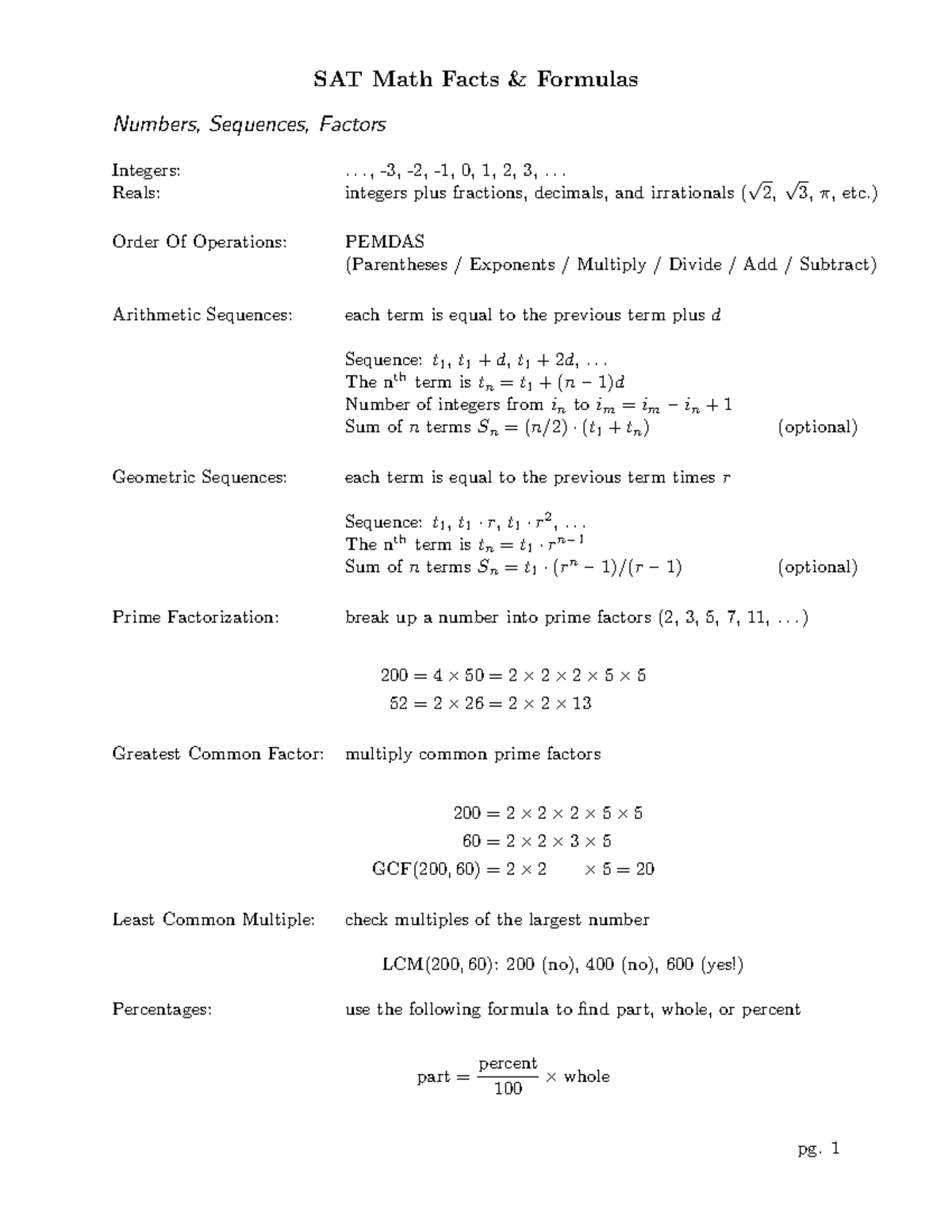 SAT Formulae and Facts - Less Common - Numbers, Sequences, Factors ...