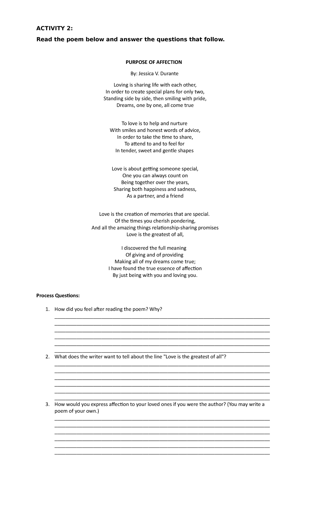 Activity 2- Personal relationships - ACTIVITY 2: Read the poem below ...