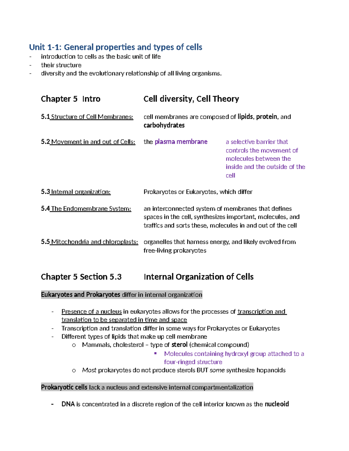 BIOL 112 Unit 1-1 - UNIT 1-1 notes - Unit 1-1: General properties and ...