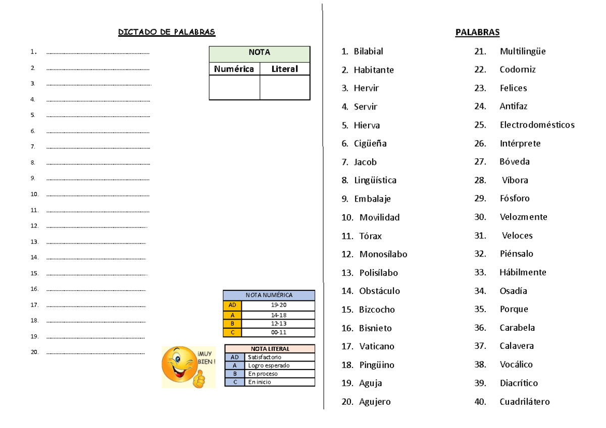 Dictado DE Palabras- 5TO - DICTADO DE PALABRAS 1. - Studocu