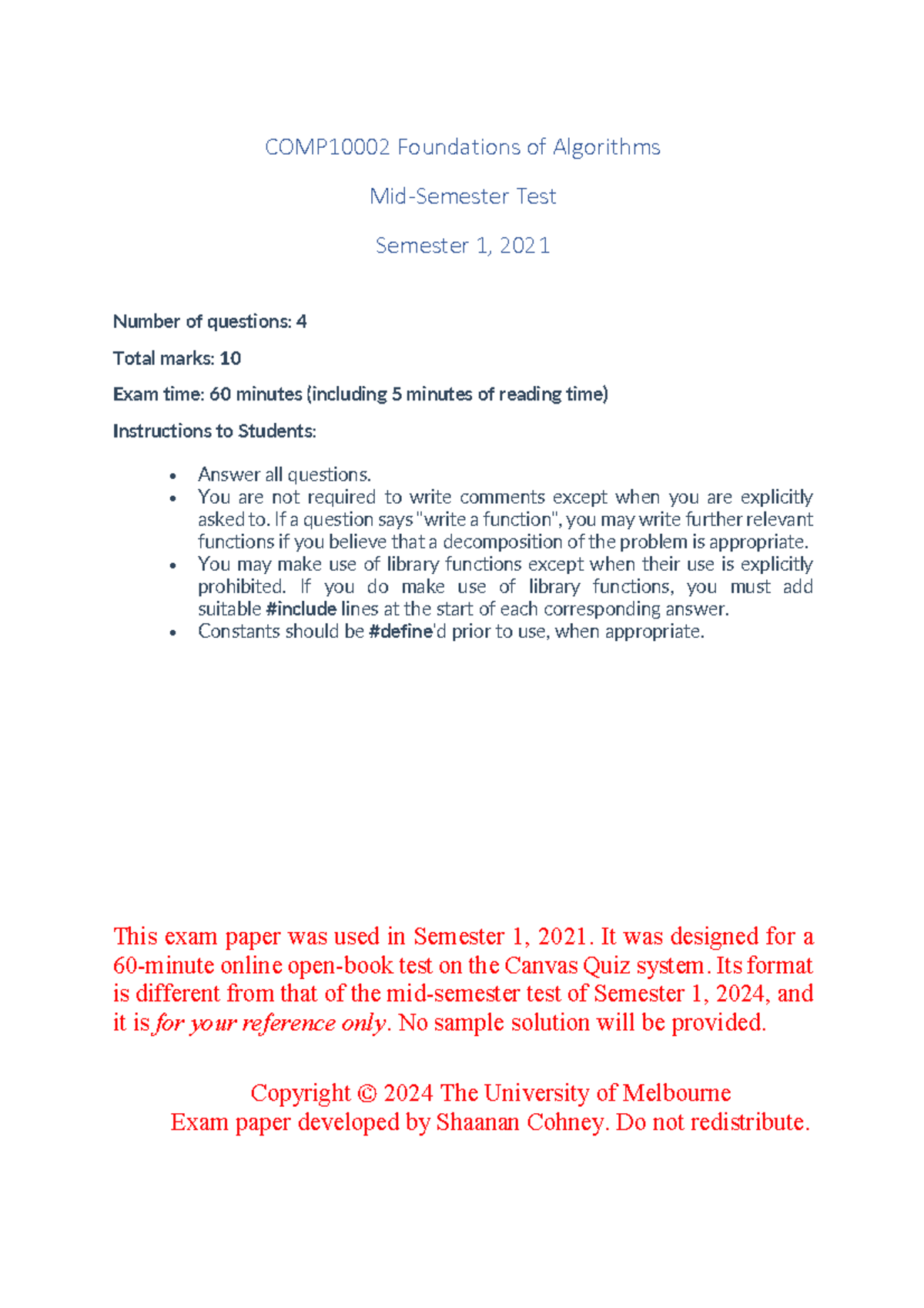 Past test 2021 - COMP10002 Foundations of Algorithms Mid-Semester Test ...