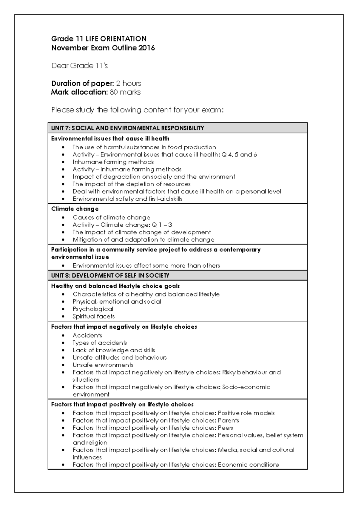 Grade 11 LO Exam Outline Nov 2016 - Grade 11 LIFE ORIENTATION November ...