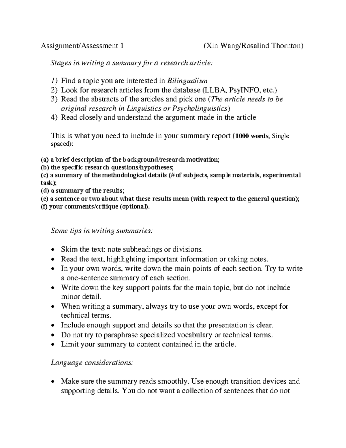 Prep Summary assignment 1 - Assignment/Assessment 1 (Xin Wang/Rosalind ...