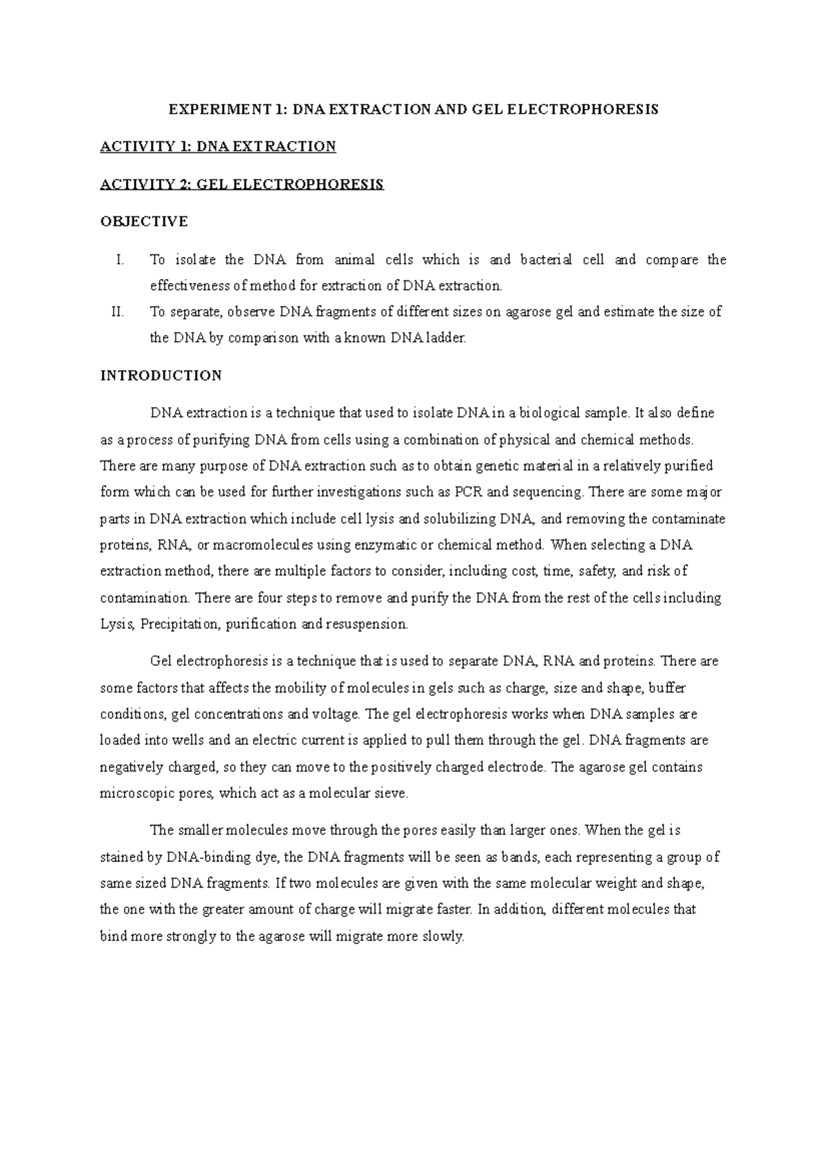 Experiment 1 biomol - EXPERIMENT 1: DNA EXTRACTION AND GEL ...