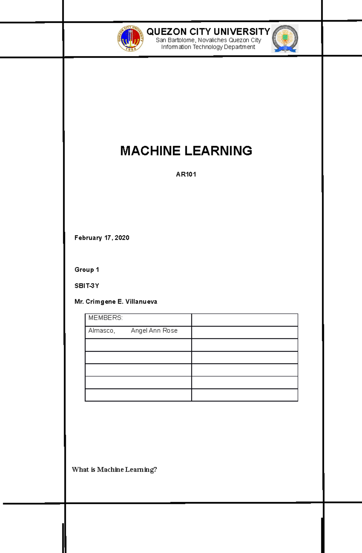 Introduction to Machine Learning - MACHINE LEARNING AR February 17 ...