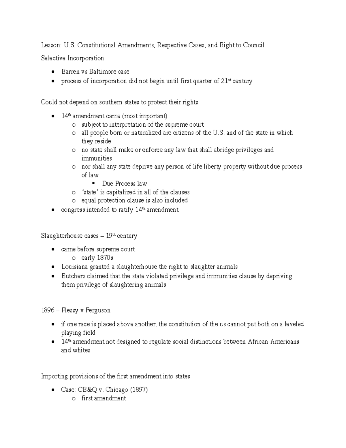 U.S. Constitutional Amendments, Respective Cases, and Right to Council ...