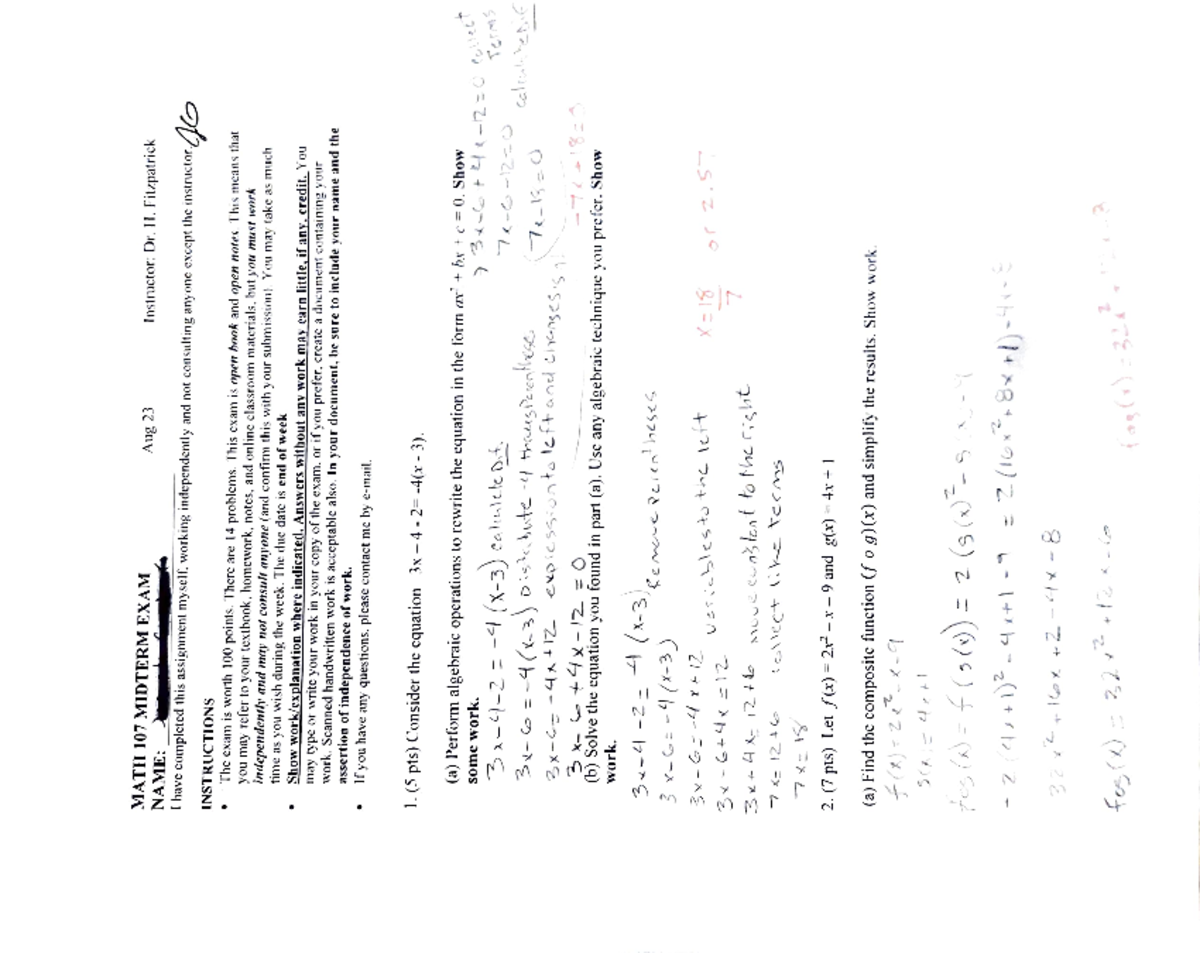 Math 107 midterm exam - Red in is correct answers - Instructor: Dr. H ...