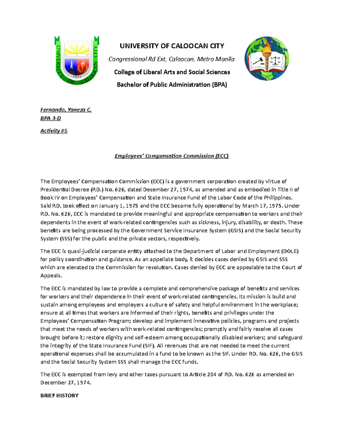 (ECC) Activity 5 - Employees' Compensation Commission - UNIVERSITY OF ...