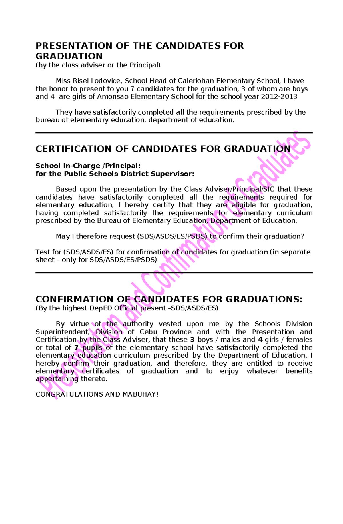 Ilide - script - PRESENTATION OF THE CANDIDATES FOR GRADUATION (by the ...