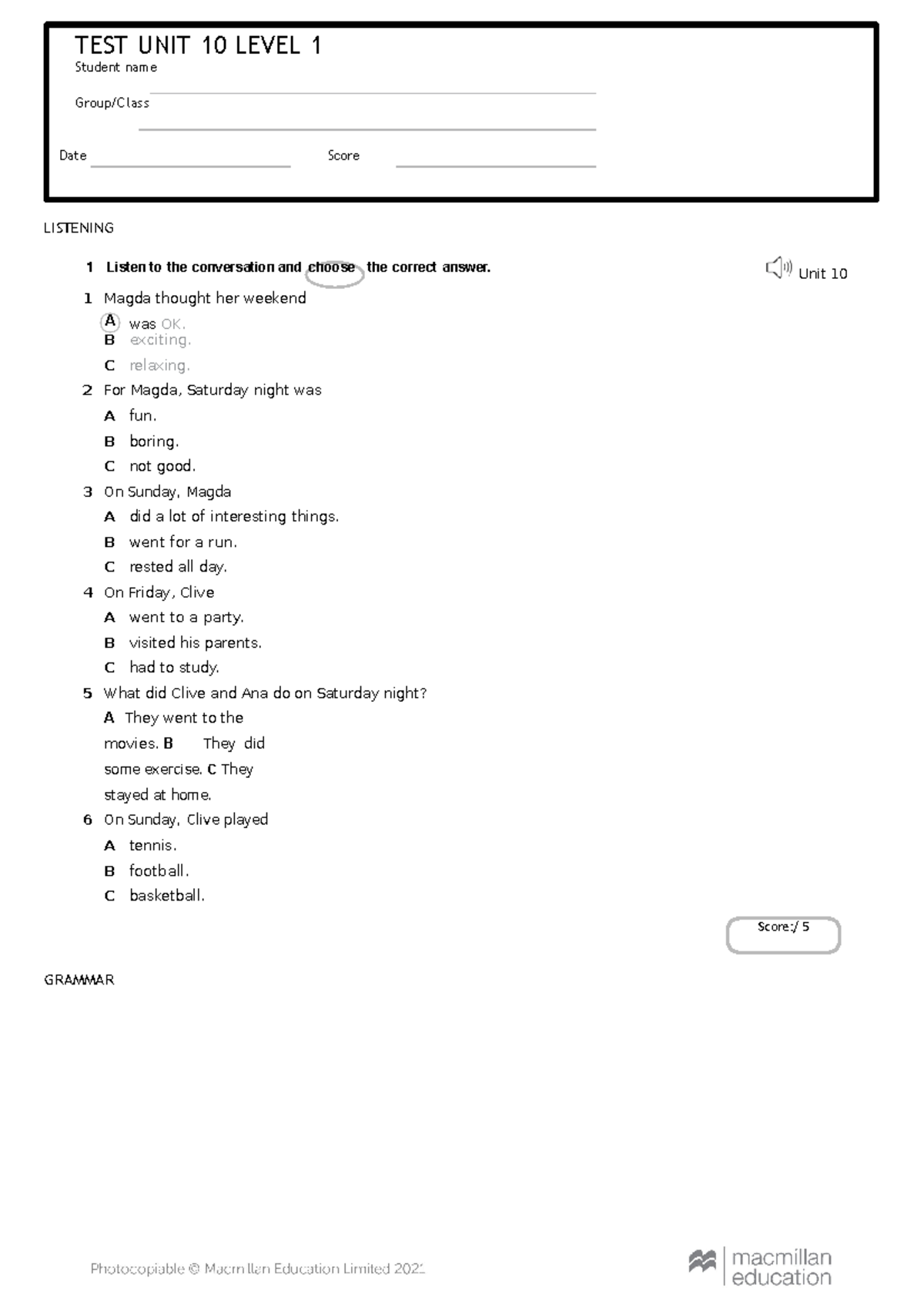 TEST UNIT 10 - examen - A TEST UNIT 10 LEVEL 1 Student name Group/Class ...