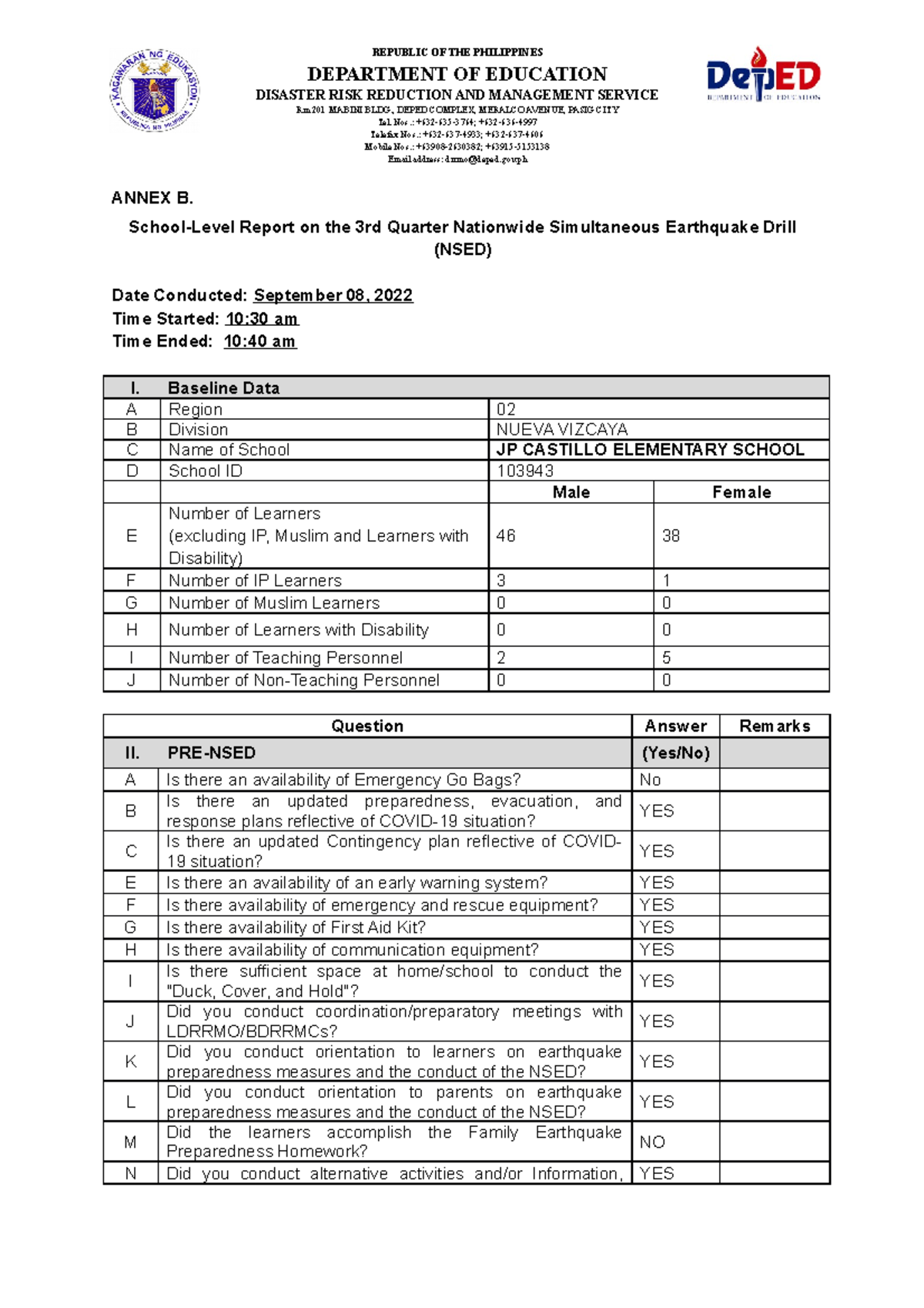 Jpces NSED Q3 2022 - National Simultaneous Earthquake Drill - REPUBLIC ...
