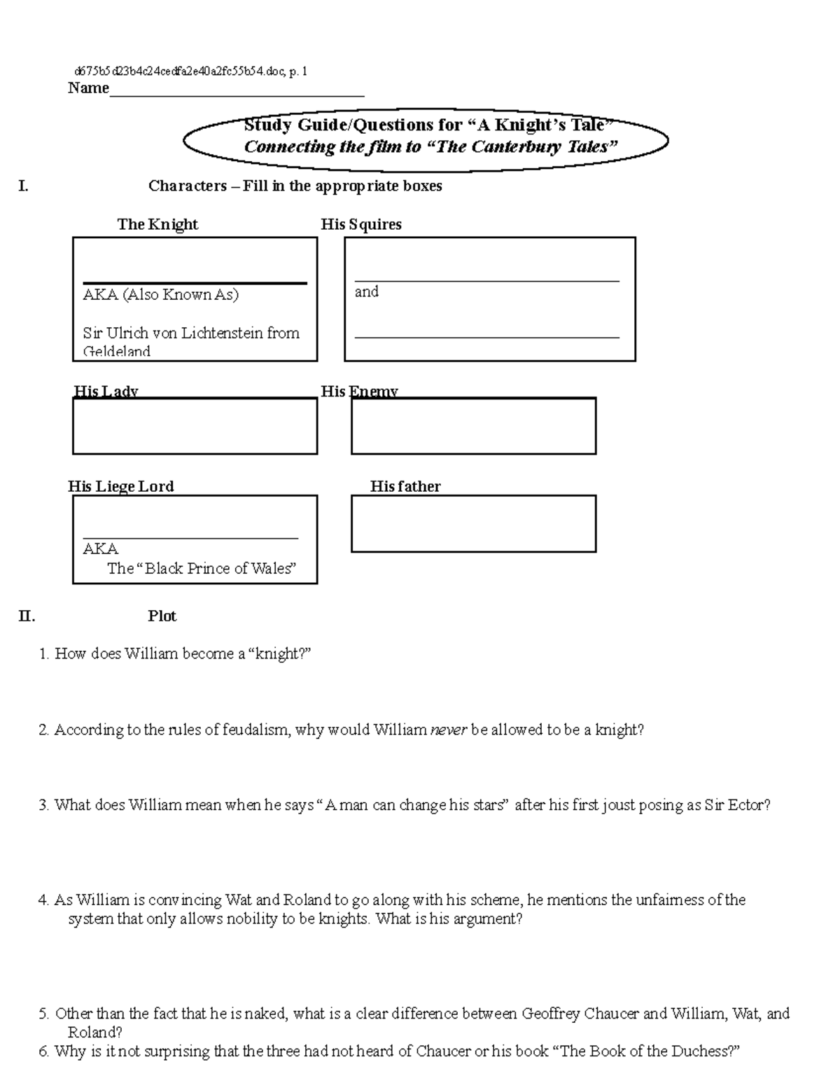 A knights tale study guide - Name_______________________________ Study ...