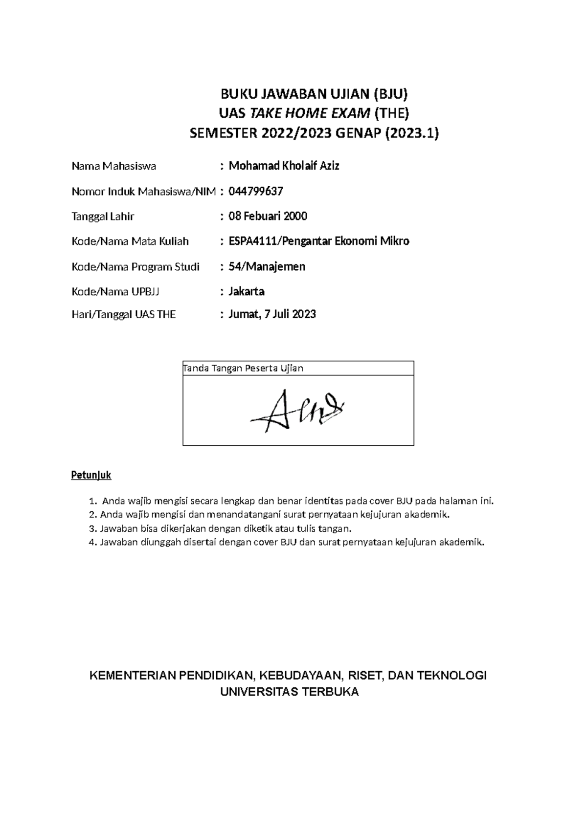 BJU - NIM - ESPA4111 - Pengantar Ekonomi Mikro - Tanda Tangan Peserta Ujian BUKU JAWABAN UJIAN ...
