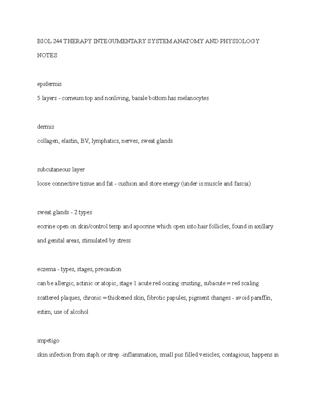 Biol 244 Therapy Integumentary System Anatomy And Physiology Notes