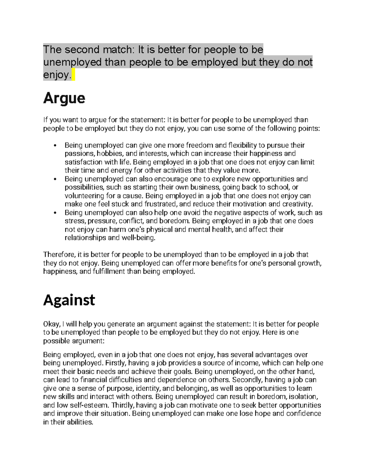 De2 - de2 - The second match: It is better for people to be unemployed ...