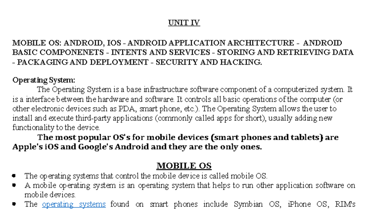 Unit Iv Notes Mobile Application Development Unit Iv Mobile Os