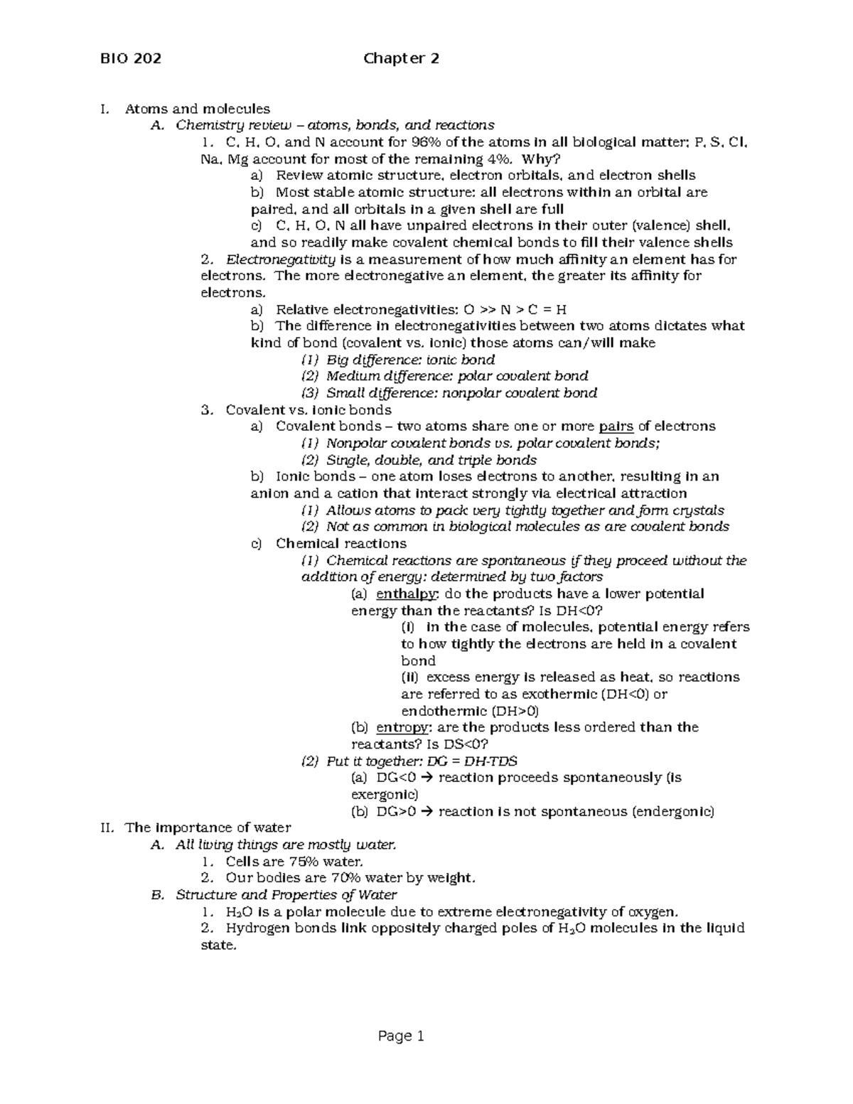 Chapt 02 outline - Dr. Reedy - BIO 202 Chapter 2 I. Atoms and molecules A. Chemistry review ...