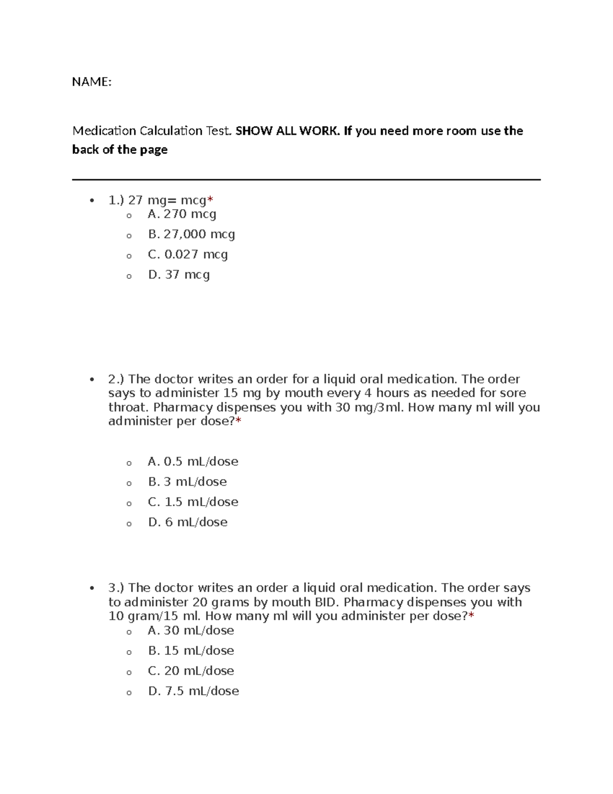 Medication Calculation Test - NAME: Medication Calculation Test. SHOW ...