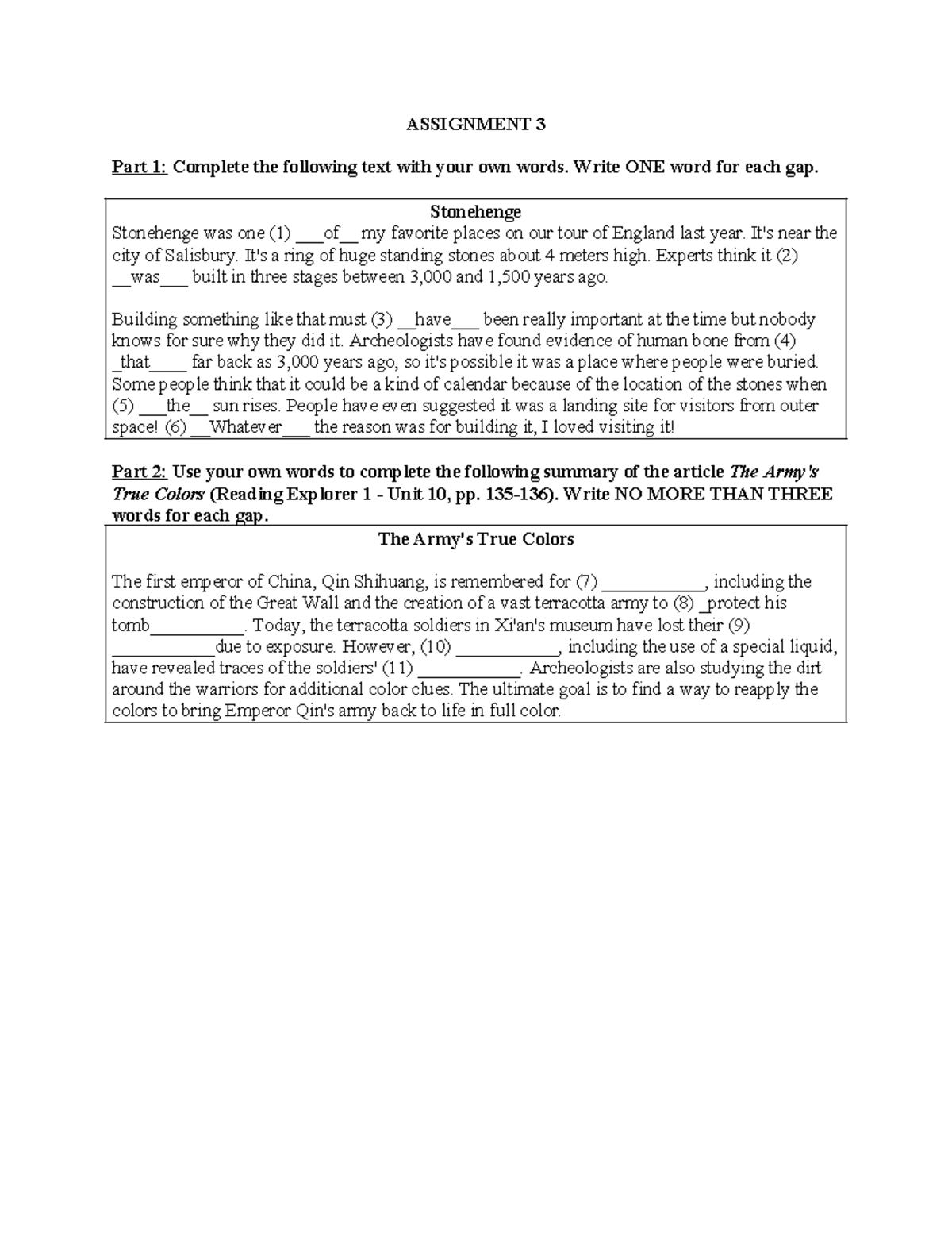 Reading Assignment 3 - gook luck - ASSIGNMENT 3 Part 1: Complete the following text with your ...