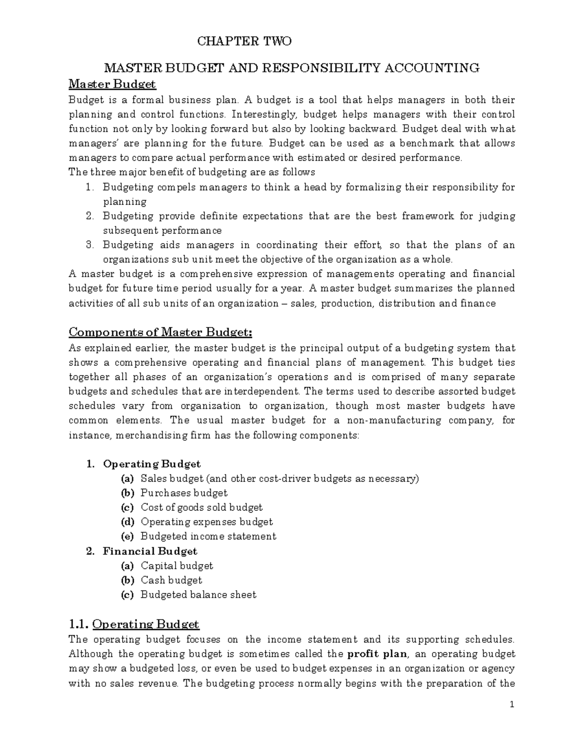 Cha 3 Master Budget HAND OUT - 1 MASTER BUDGET AND RESPONSIBILITY ...