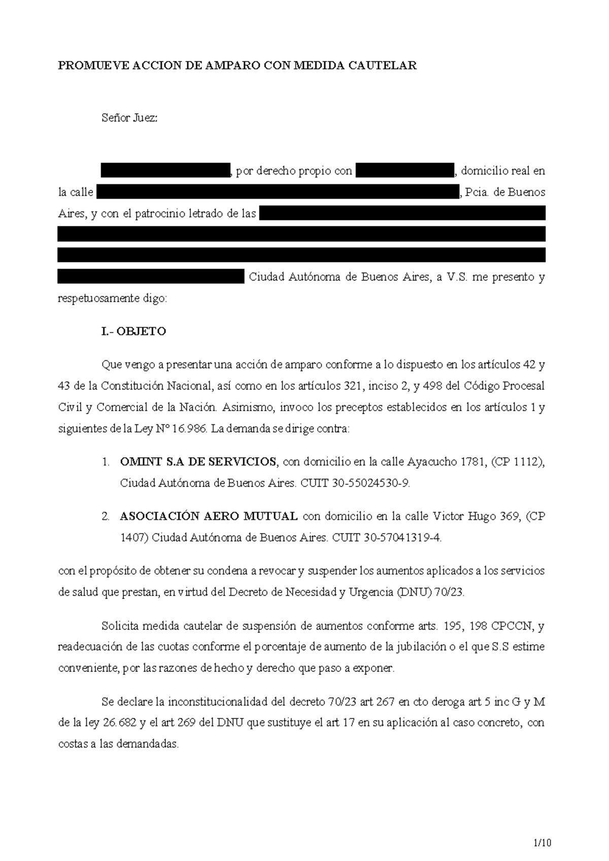 Modelo Demanda Amparo DE SALUD CON Medida Cautelar - PROMUEVE ACCION DE ...