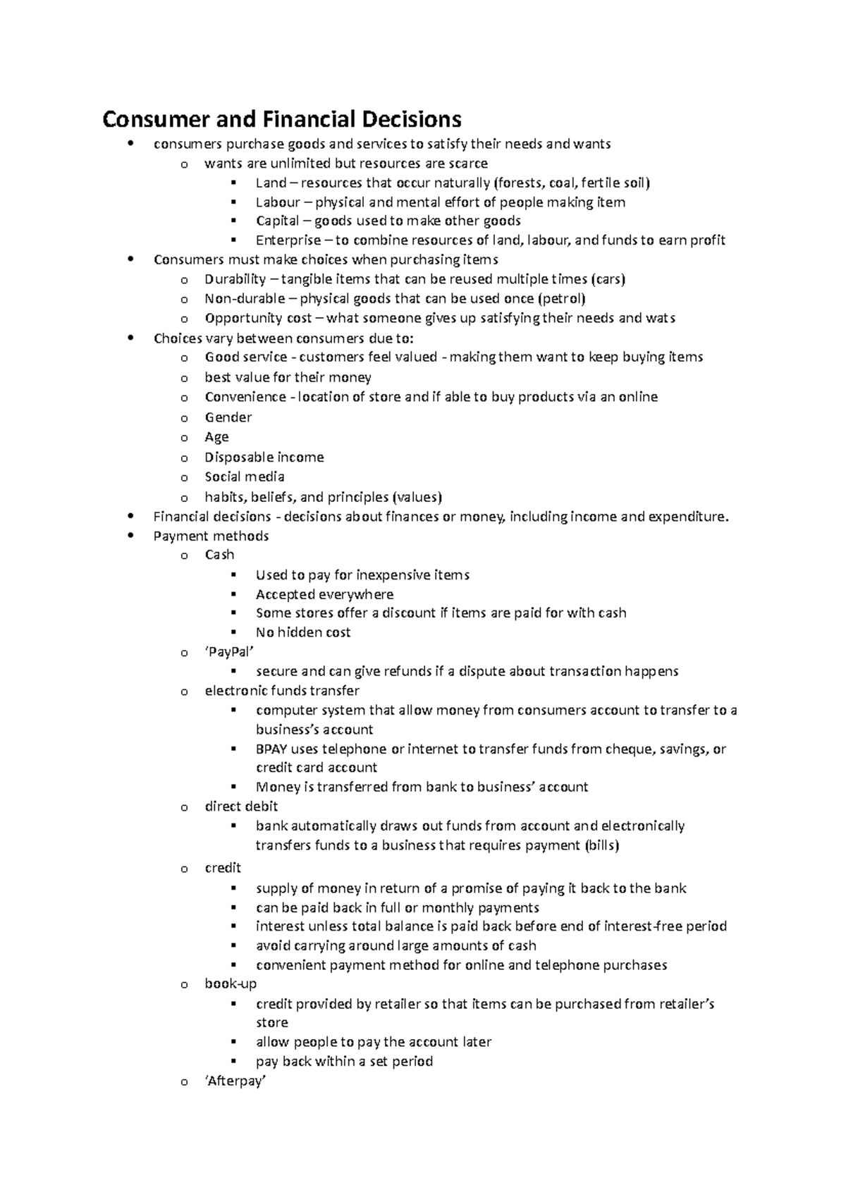 Yearly notes - Consumer and Financial Decisions consumers purchase ...