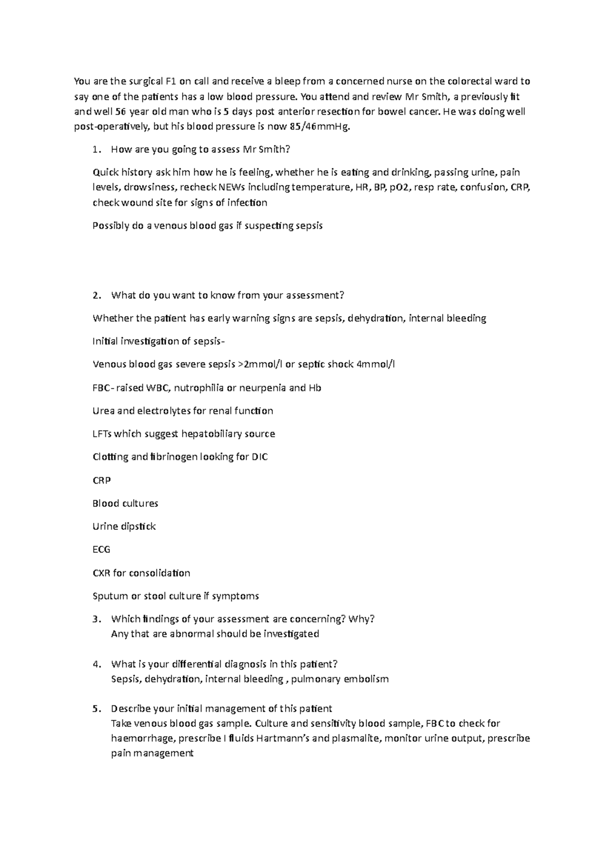 ACC scenarios 1 sepsis - You are the surgical F1 on call and receive a ...
