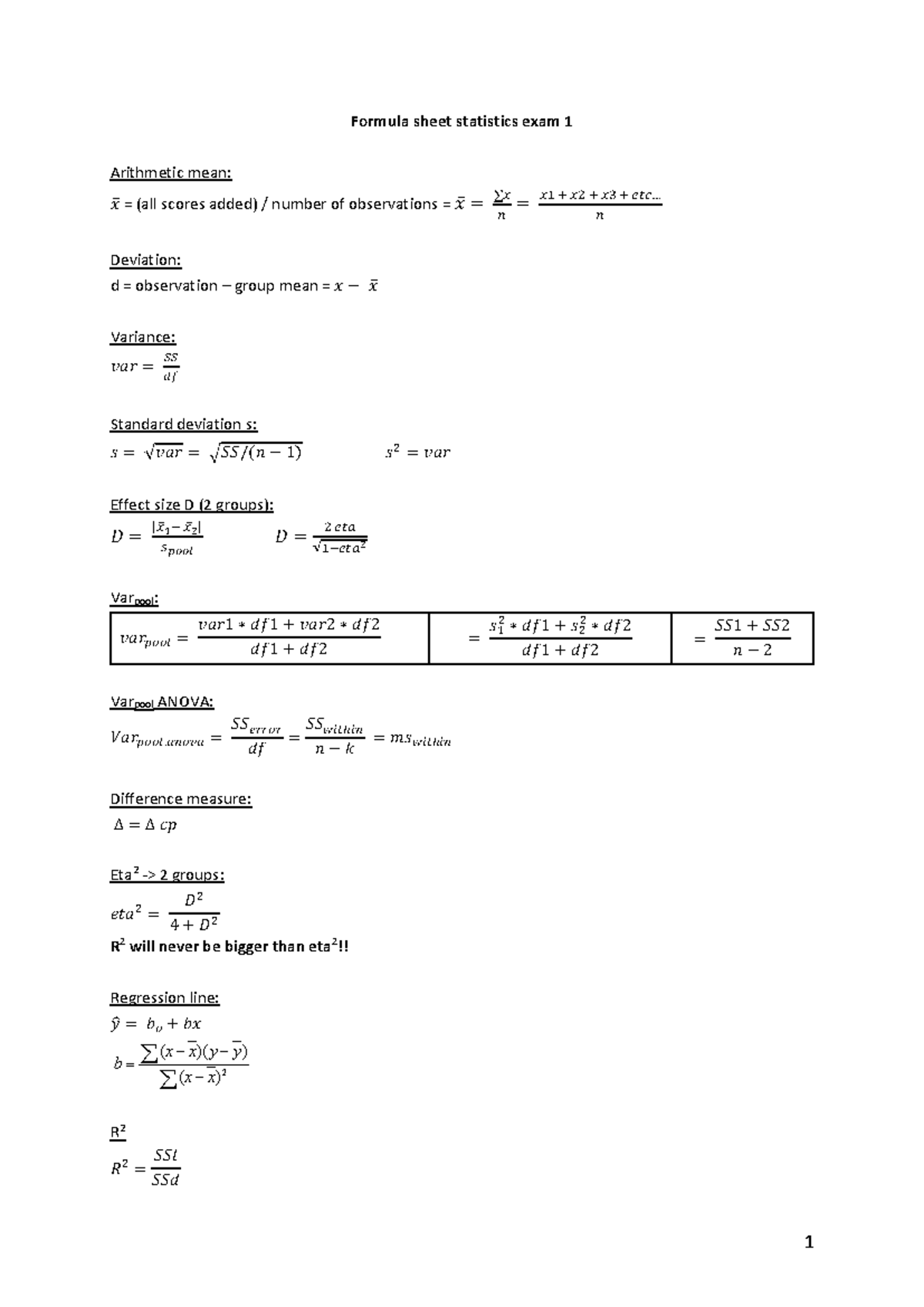 Formule sheet exam 1' - 1 Formula sheet statistics exam 1 Arithmetic mean: 𝑥̅ = (all scores ...