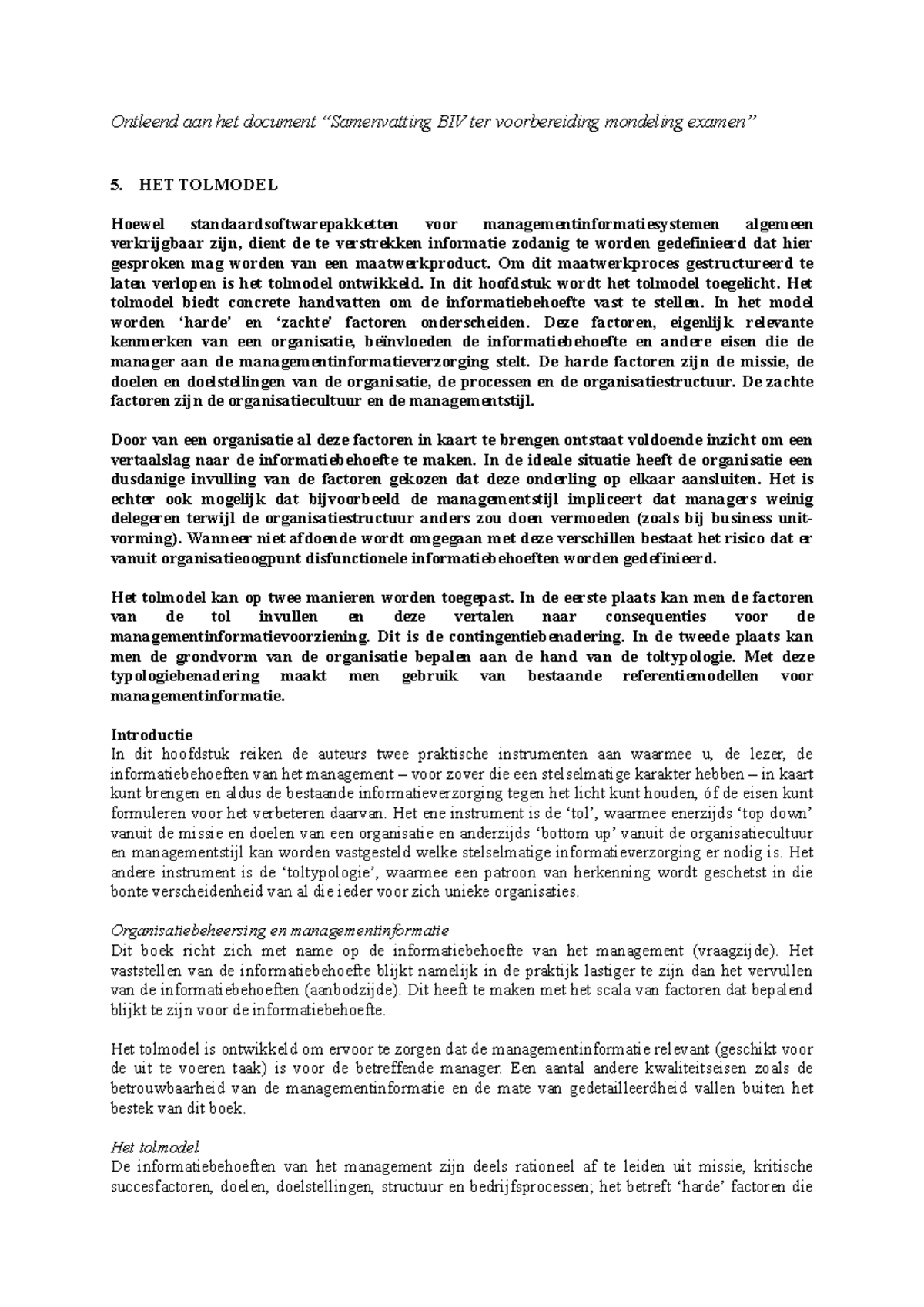 Samenvatting tolmodel - Ontleend aan het document BIV ter voorbereiding ...