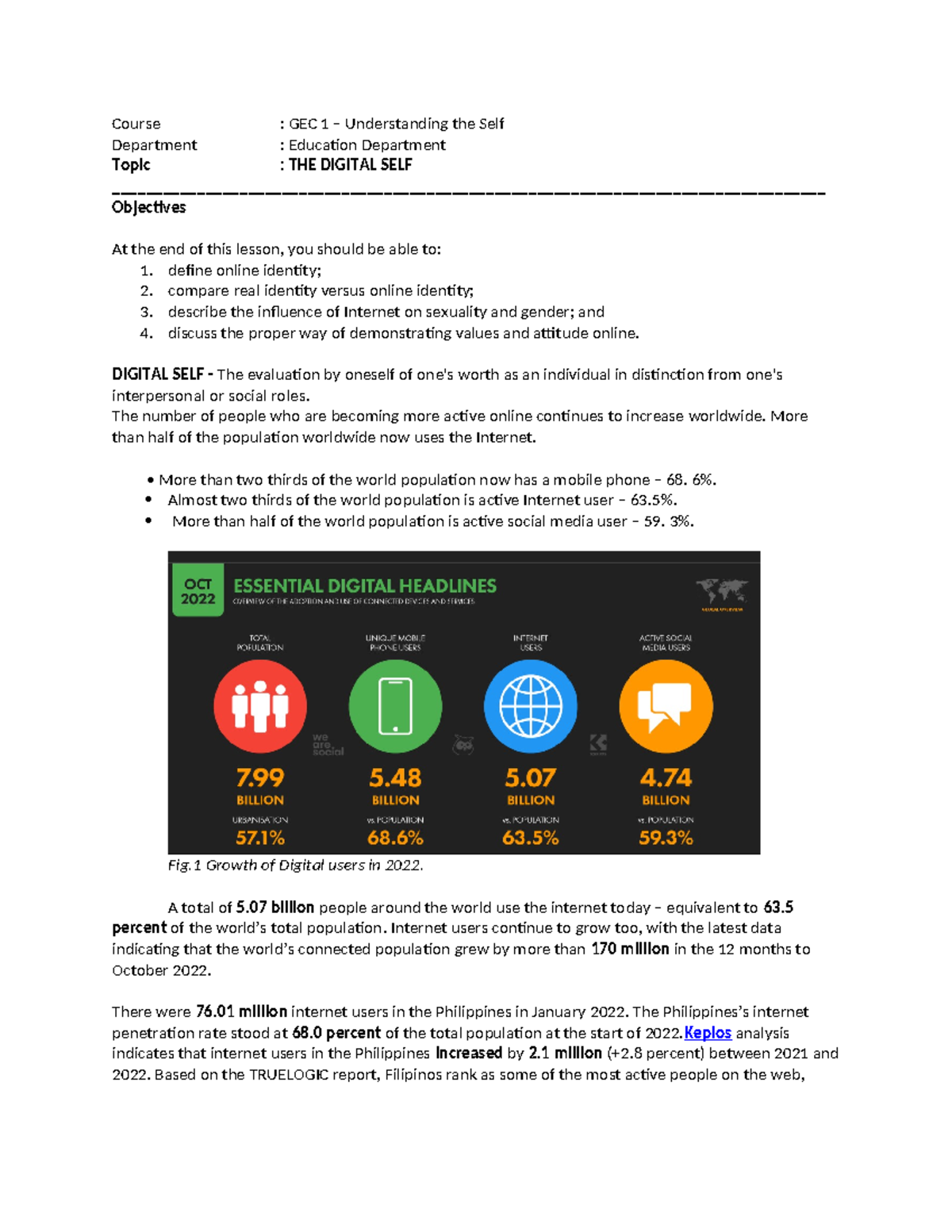 THE Digital SELF - Activity #8 - Course : GEC 1 – Understanding the Self Department : Education ...