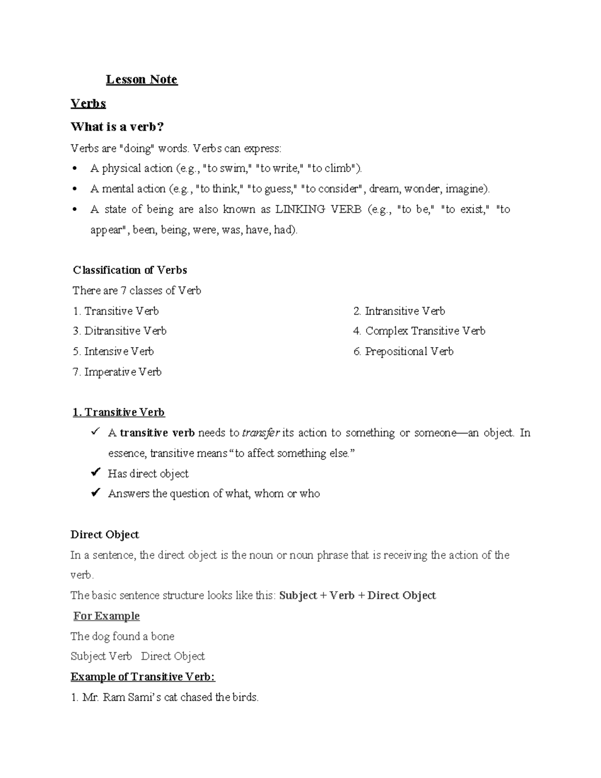 Lesson Note EDU 316 - Lesson Note Verbs What is a verb? Verbs are ...