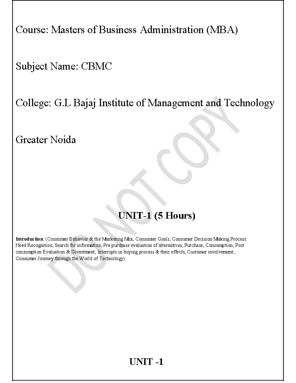 UNIT-1 CBMC - Notes - Course: Masters of Business Administration (MBA ...
