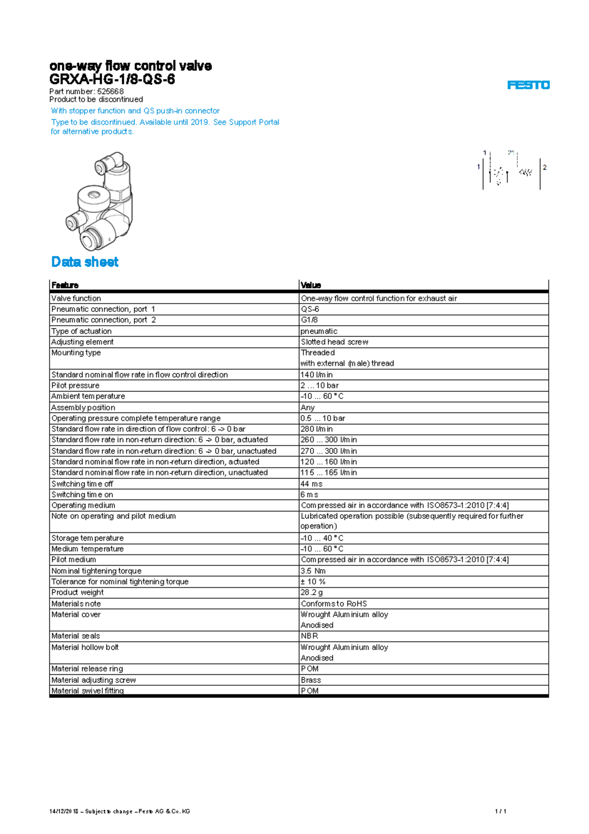 Conector Festo - one-way flow control valve GRXA-HG-1/8-QS- Part number: 525668 Product to be ...
