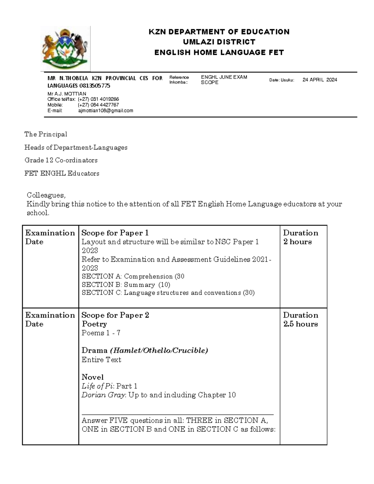 Final Grade 12 Scope FOR JUNE Common Tests 2024 - KZN DEPARTMENT OF ...