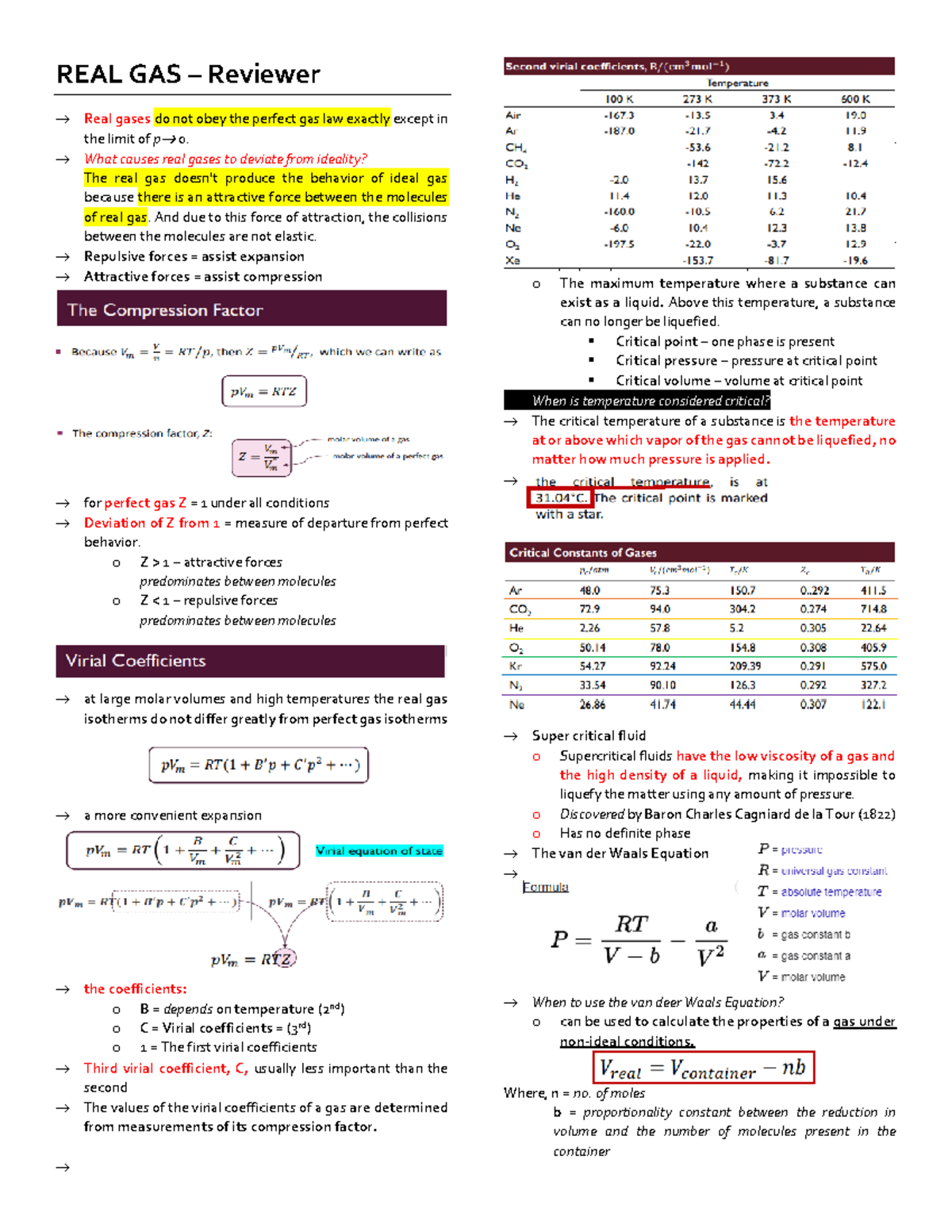 Phychem Real Gas Notes - REAL GAS – Reviewer → Real gases do not obey ...